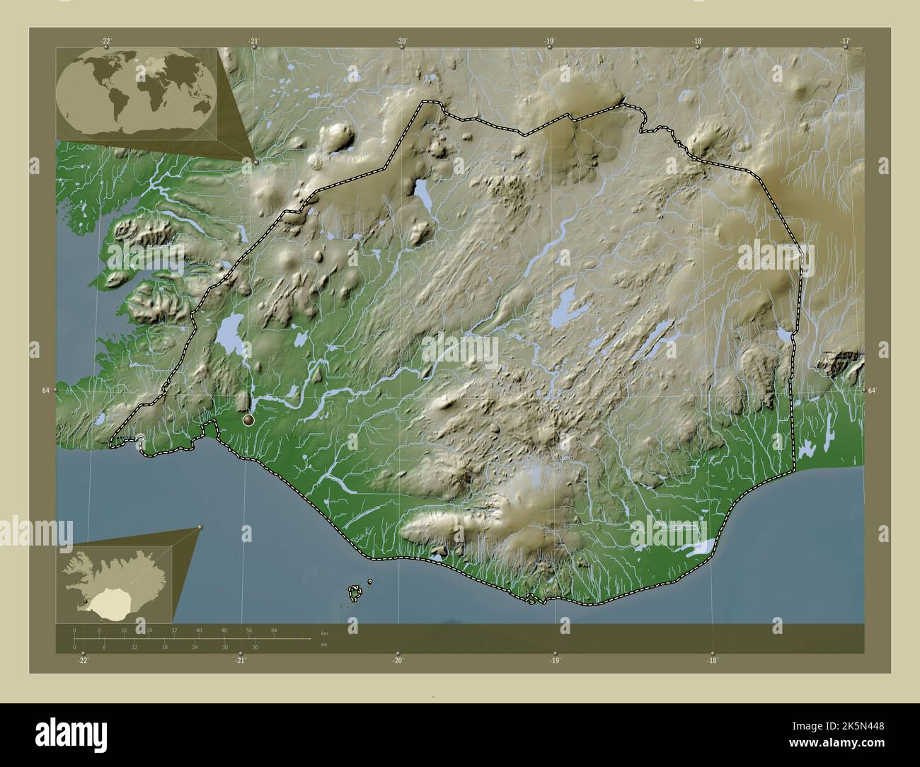 Suurland, region of Iceland. Elevation map colored in wiki style with ...
