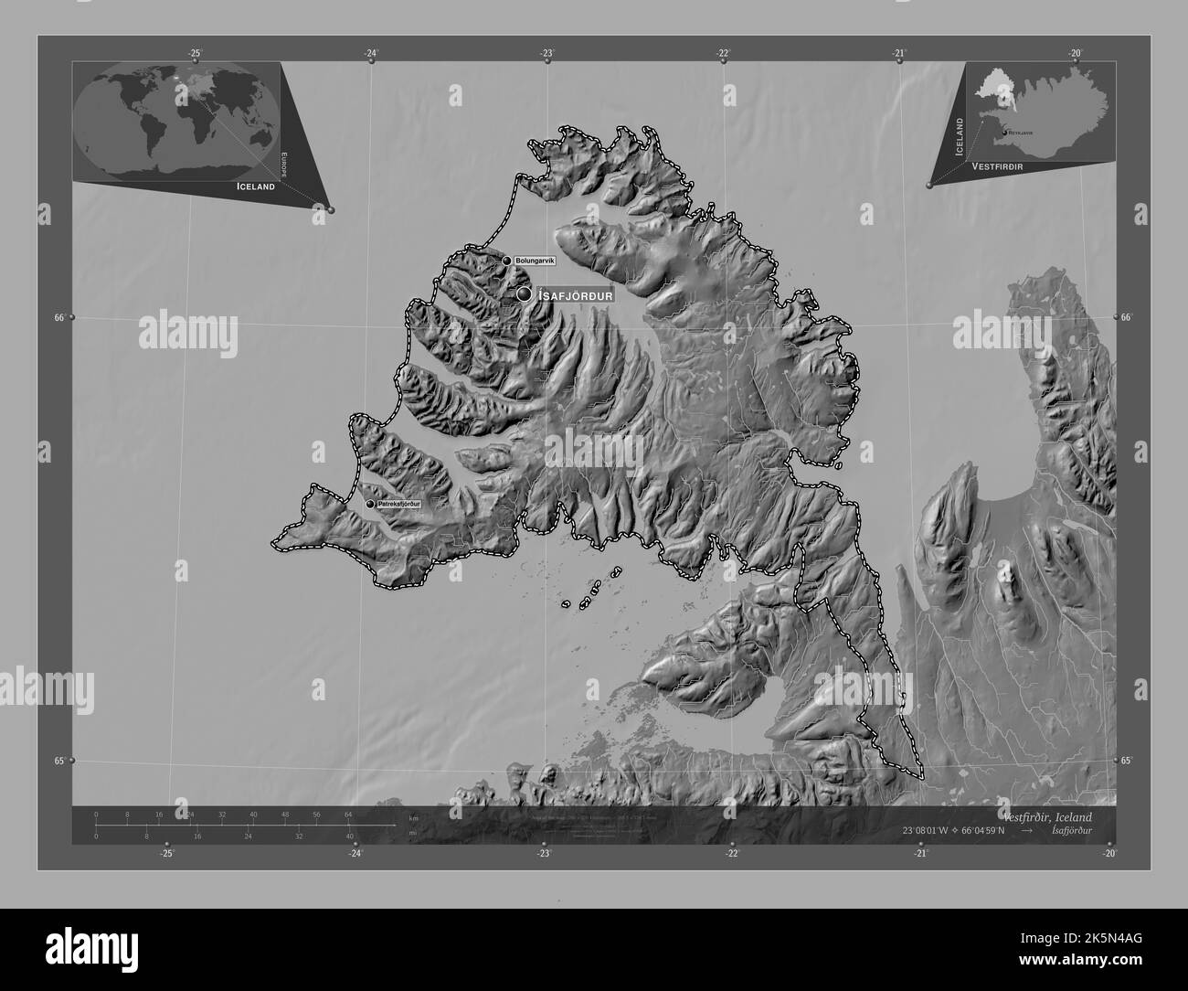 Vestfirir, region of Iceland. Bilevel elevation map with lakes and ...