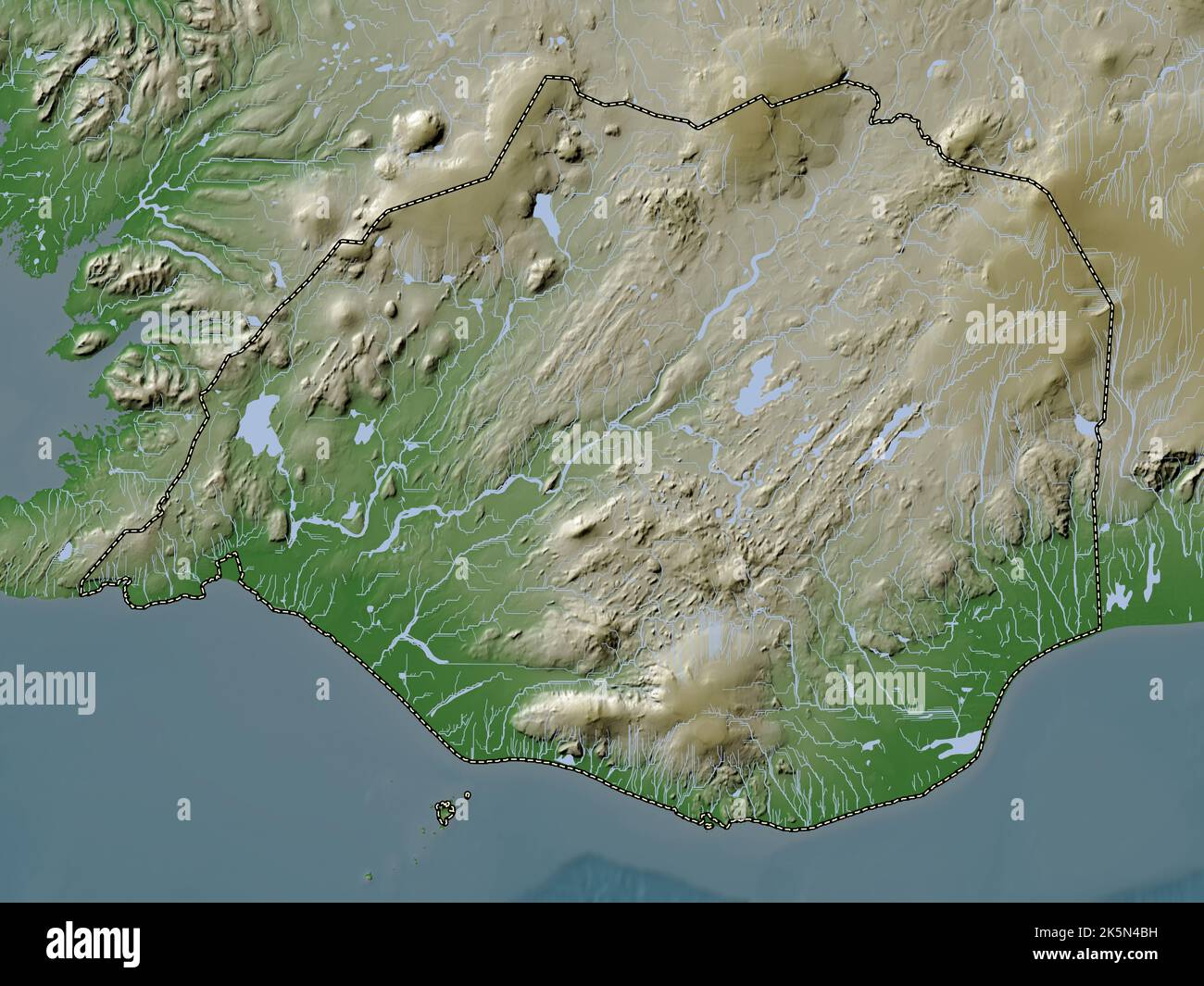 Suurland, region of Iceland. Elevation map colored in wiki style with lakes and rivers Stock ...