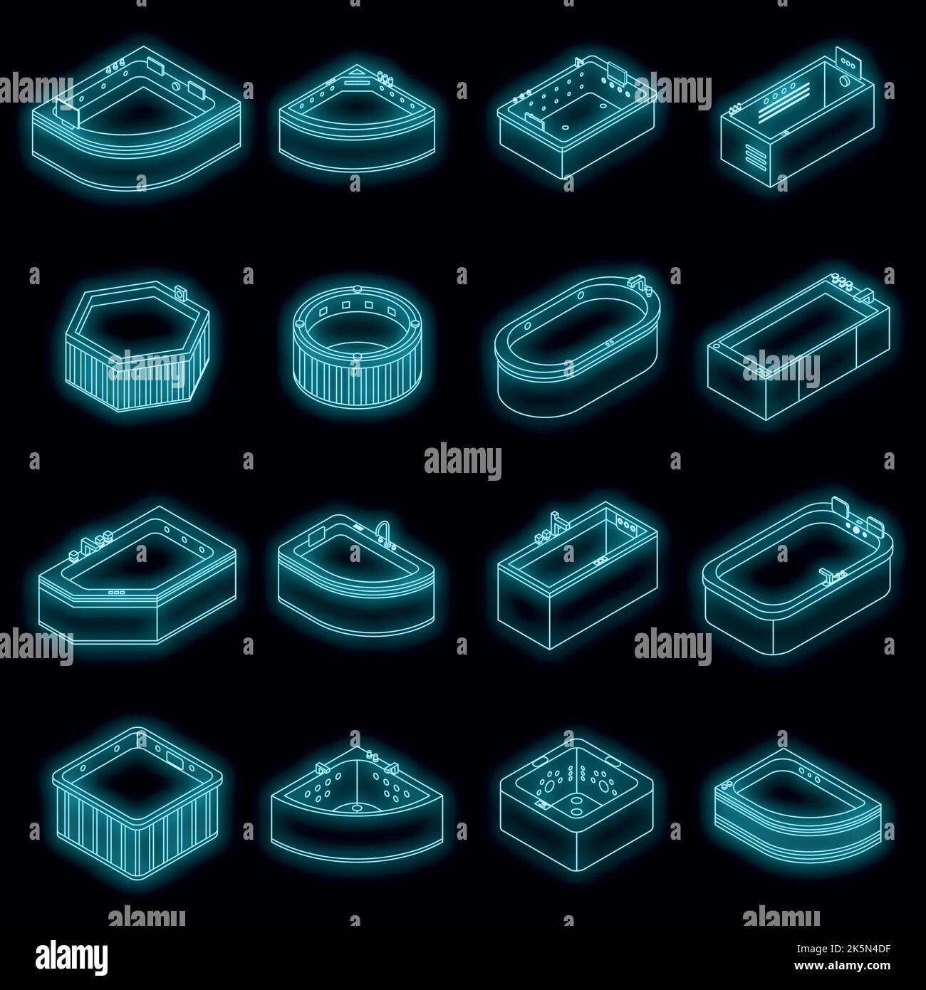 Jacuzzi icons set. Isometric set of jacuzzi vector icons neon color on ...