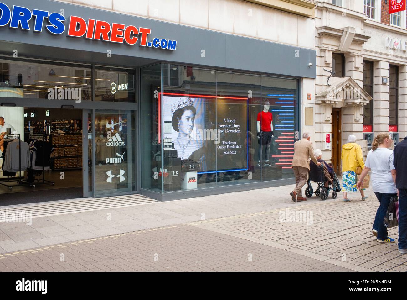 Memorial window to Queen Elizabeth II at Sports Direct shop in the ...