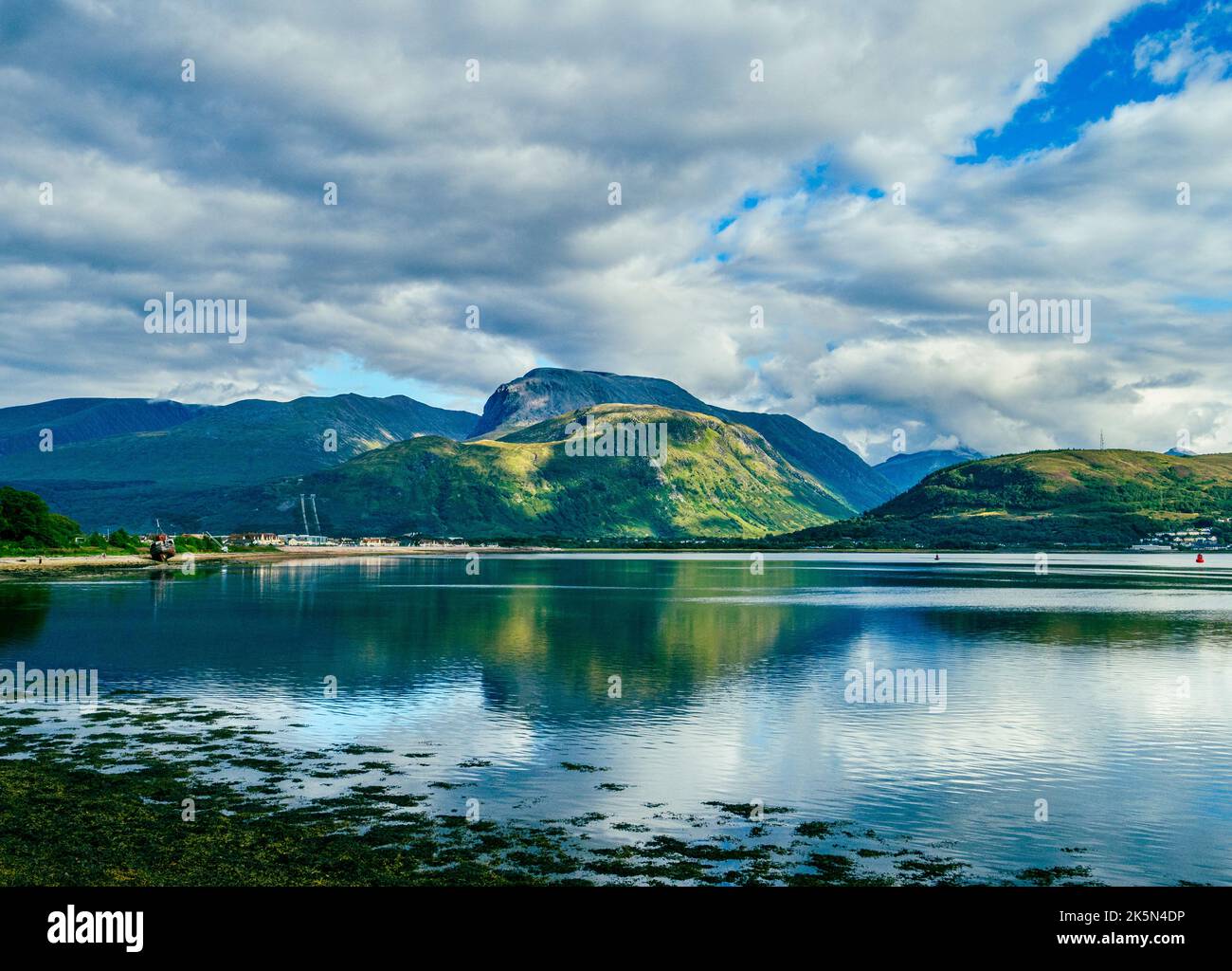View of Ben Nevis from Corpach Basin towering above Loch Linnhe ...