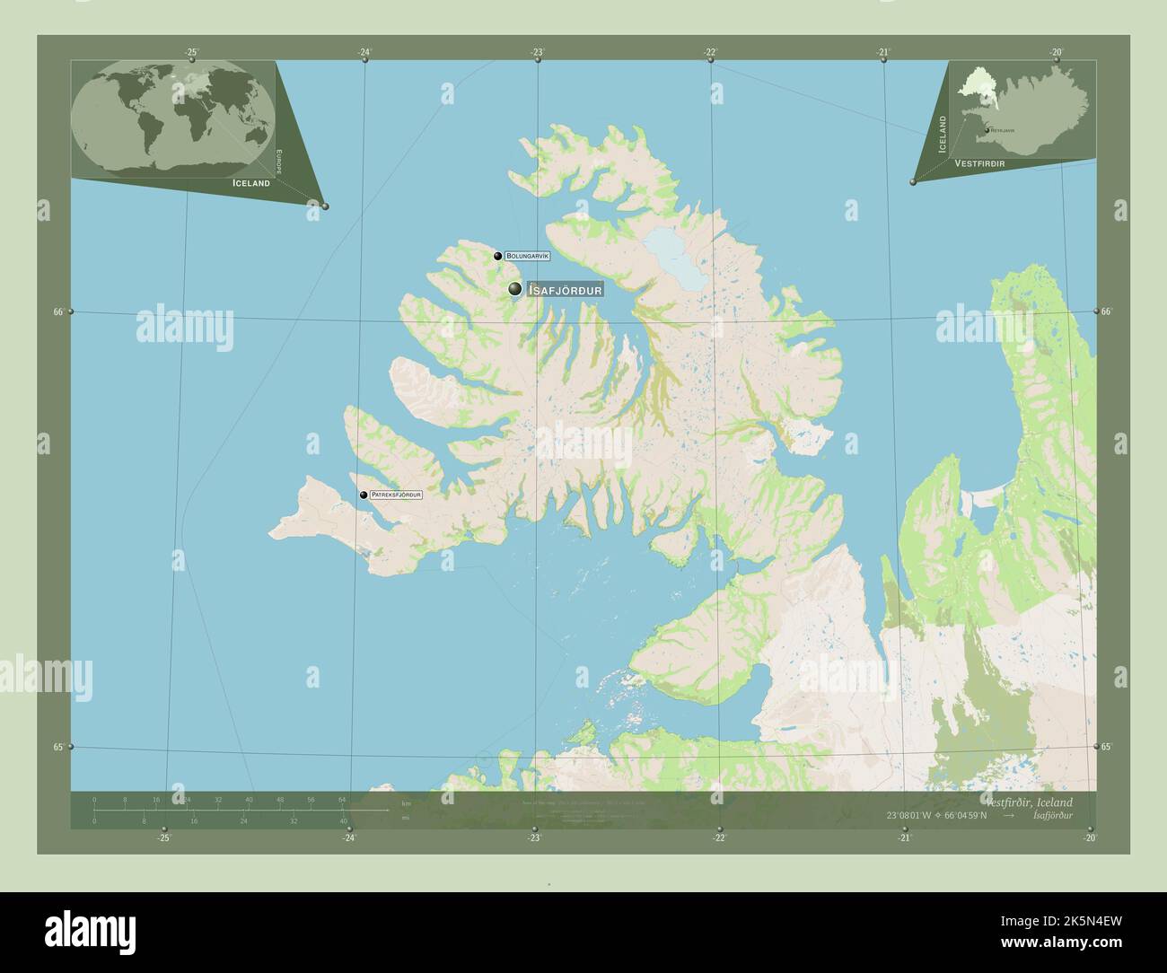 Vestfirir, region of Iceland. Open Street Map. Locations and names of ...