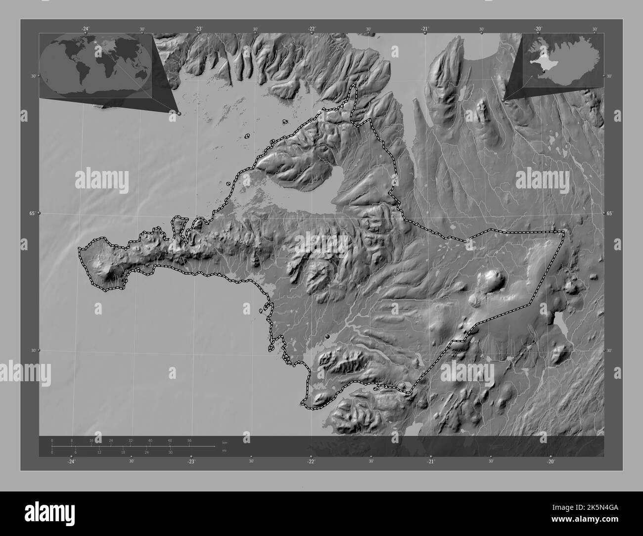 Vesturland, region of Iceland. Bilevel elevation map with lakes and ...