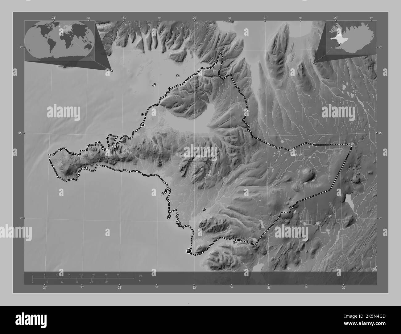 Vesturland, region of Iceland. Grayscale elevation map with lakes and ...