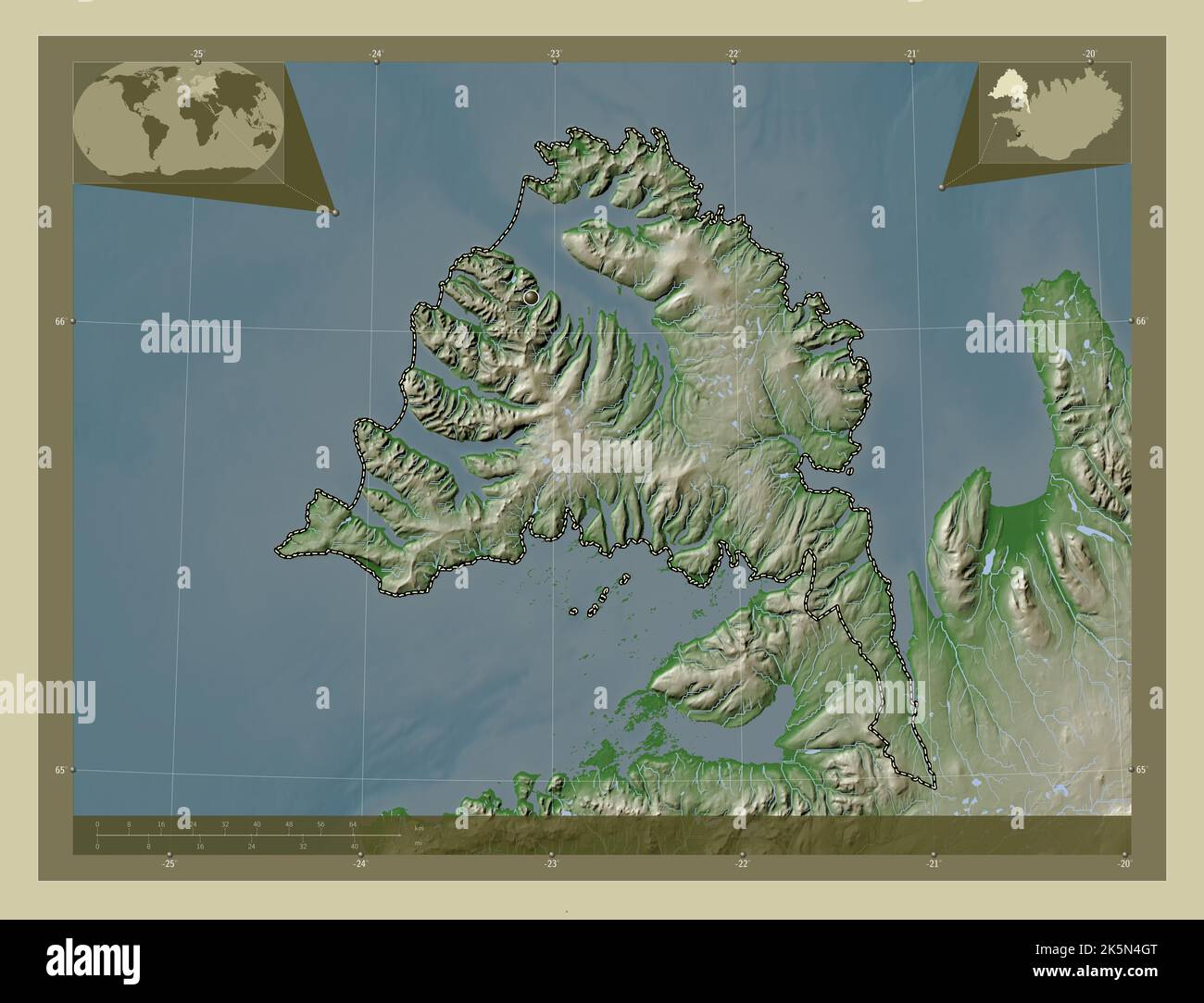 Vestfirir, region of Iceland. Elevation map colored in wiki style with lakes and rivers. Corner ...