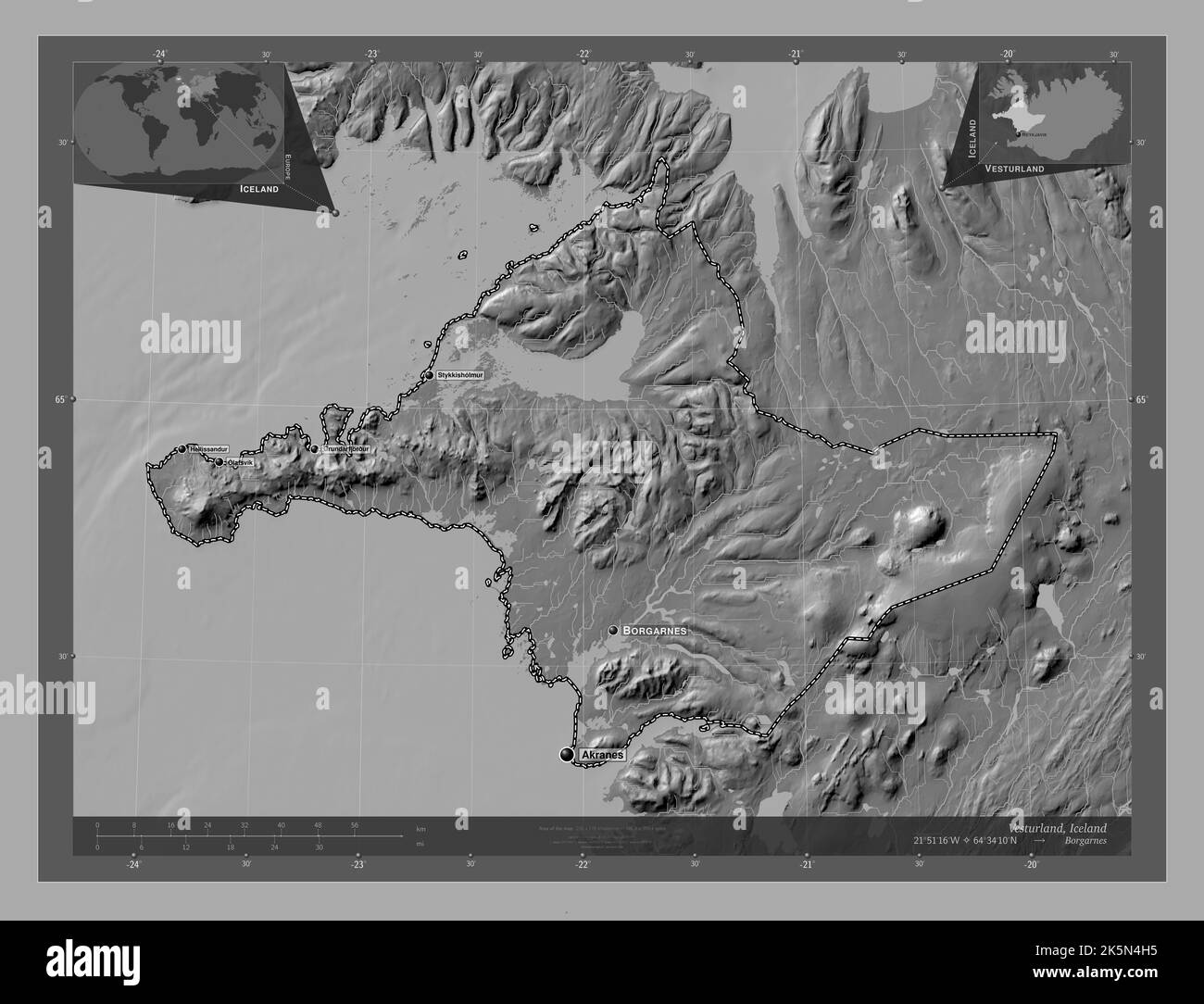 Vesturland, region of Iceland. Bilevel elevation map with lakes and ...