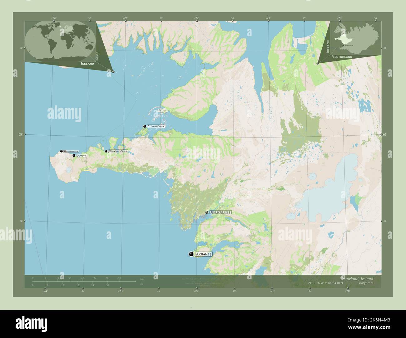 Vesturland, region of Iceland. Open Street Map. Locations and names of ...