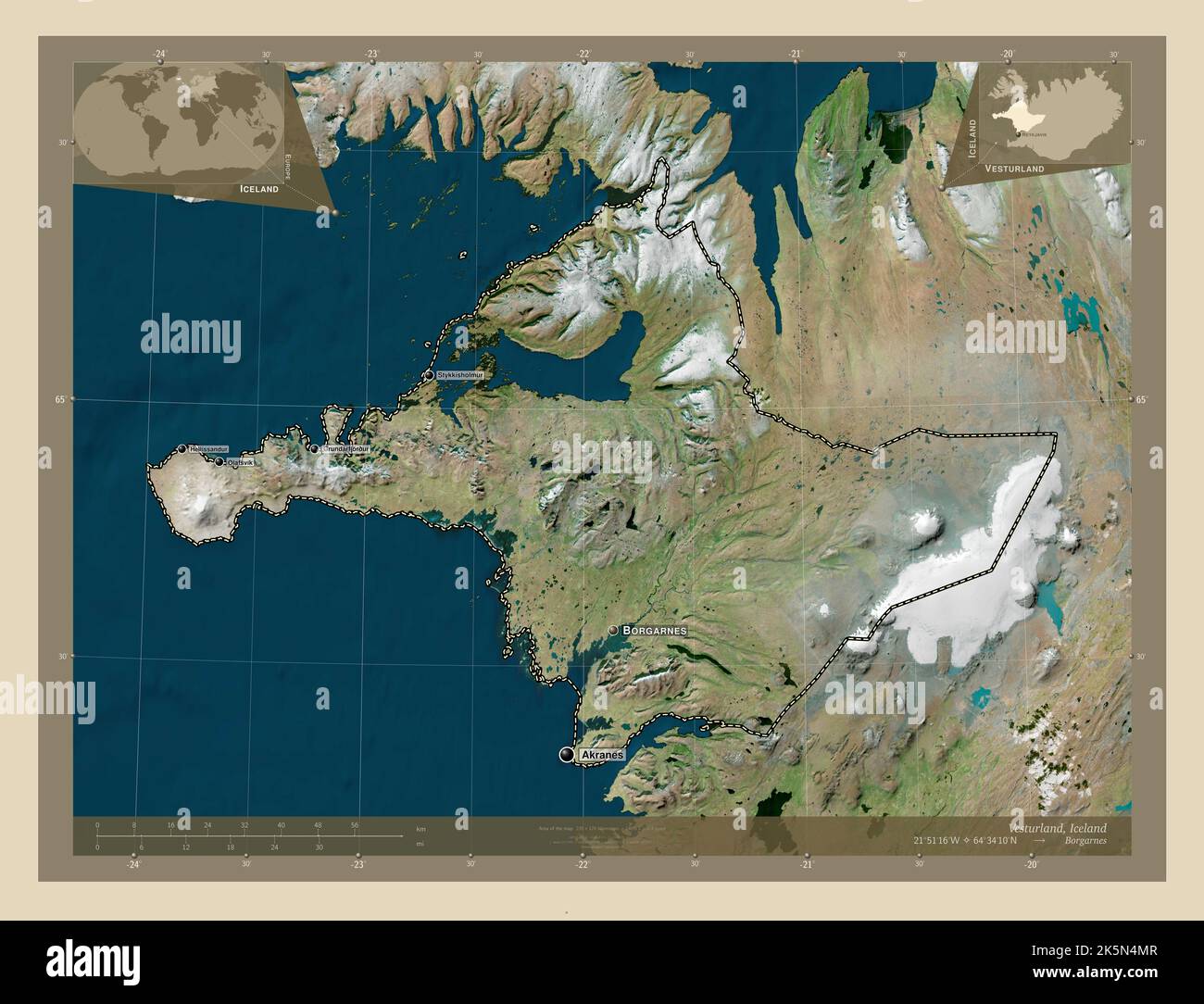 Vesturland, region of Iceland. High resolution satellite map. Locations ...