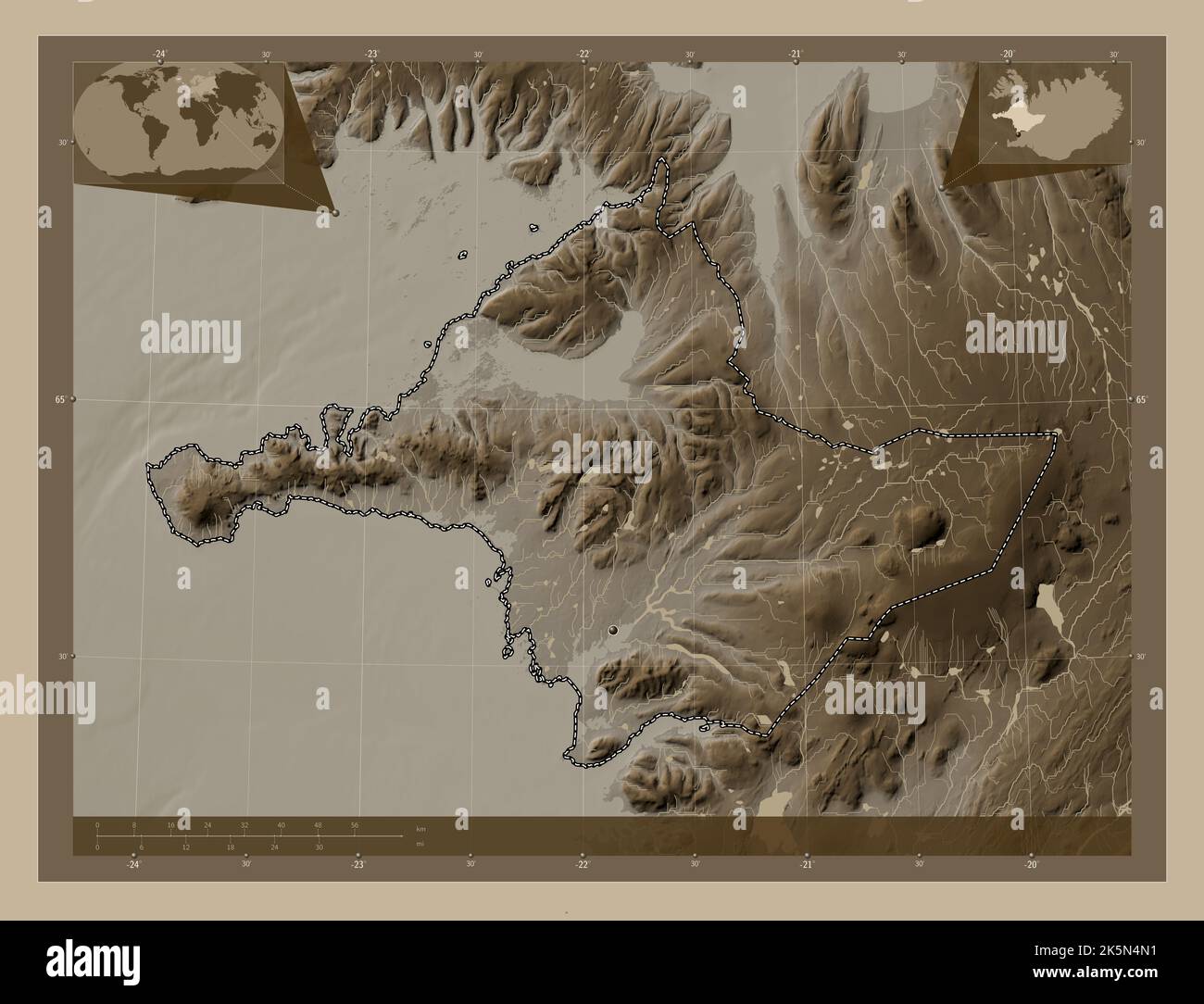 Vesturland, region of Iceland. Elevation map colored in sepia tones ...