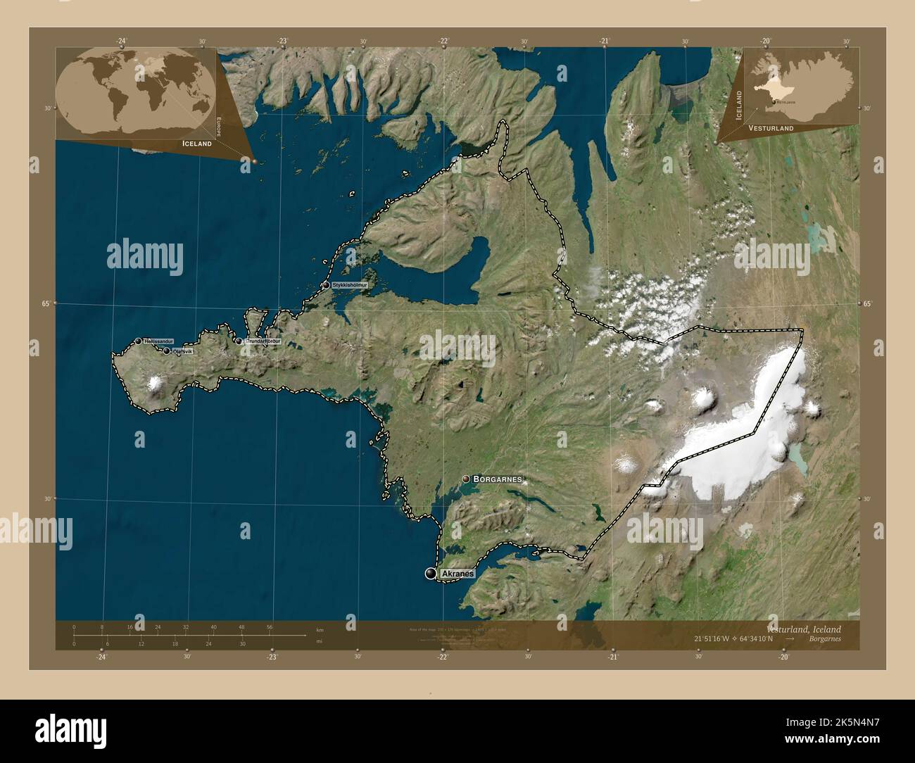 Vesturland, region of Iceland. Low resolution satellite map. Locations ...