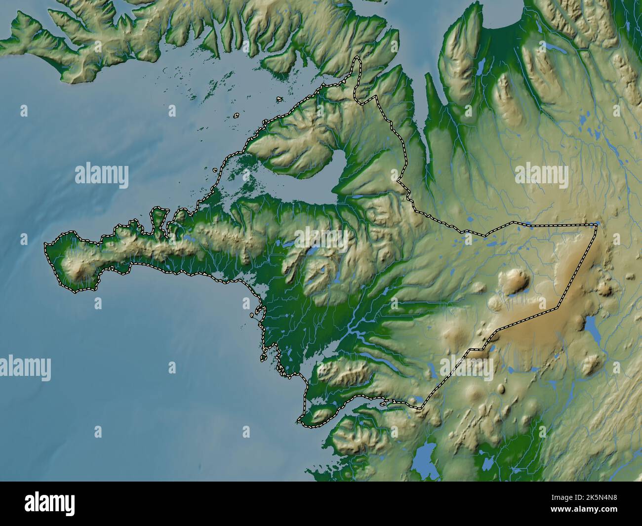 Vesturland, region of Iceland. Colored elevation map with lakes and ...