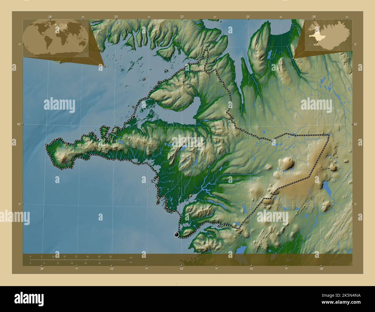 Vesturland, region of Iceland. Colored elevation map with lakes and ...