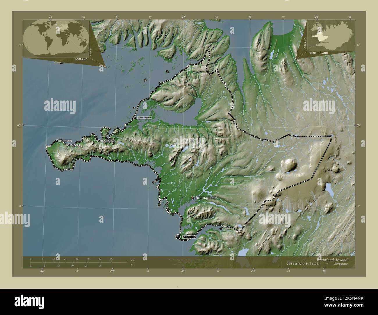 Vesturland, region of Iceland. Elevation map colored in wiki style with lakes and rivers ...