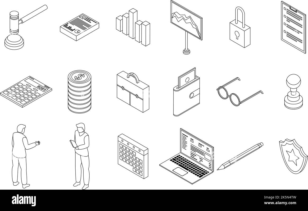 Audit icons set. Isometric set of audit vector icons outline thin lne ... Audit icons set. Isometric set of audit vector icons outline thin lne ...
