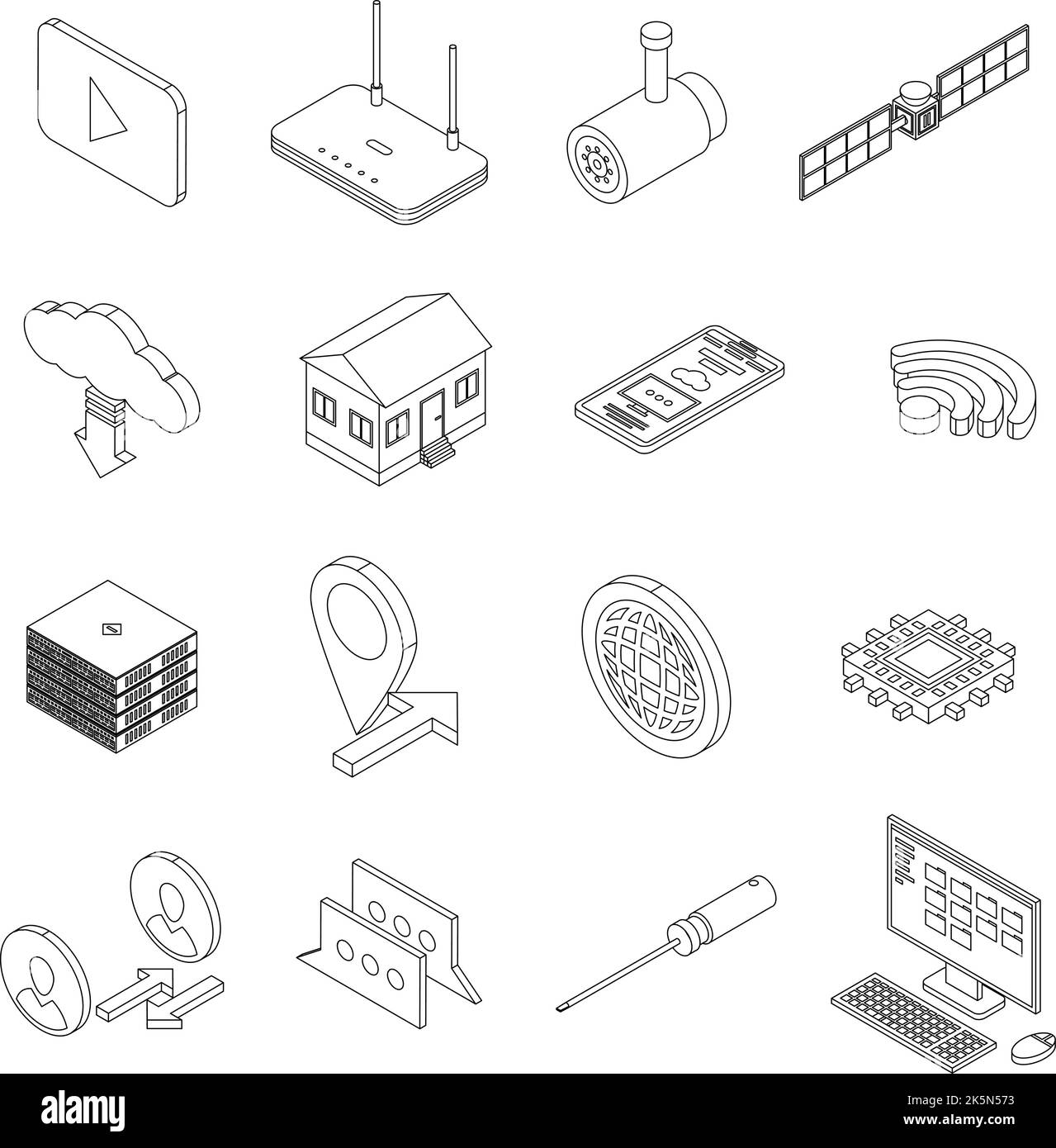 Remote access icons set. Isometric set of remote access vector icons outline thin lne isolated ...