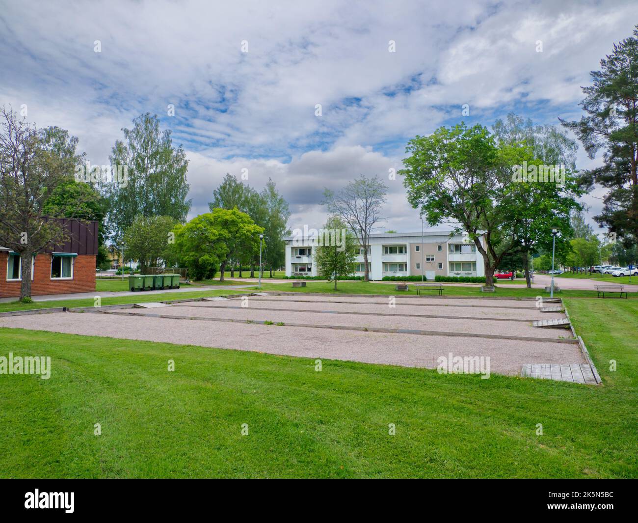 Charlottenberg, Sweden -June, 2021: Kubb lanes in the park - a kind of ...