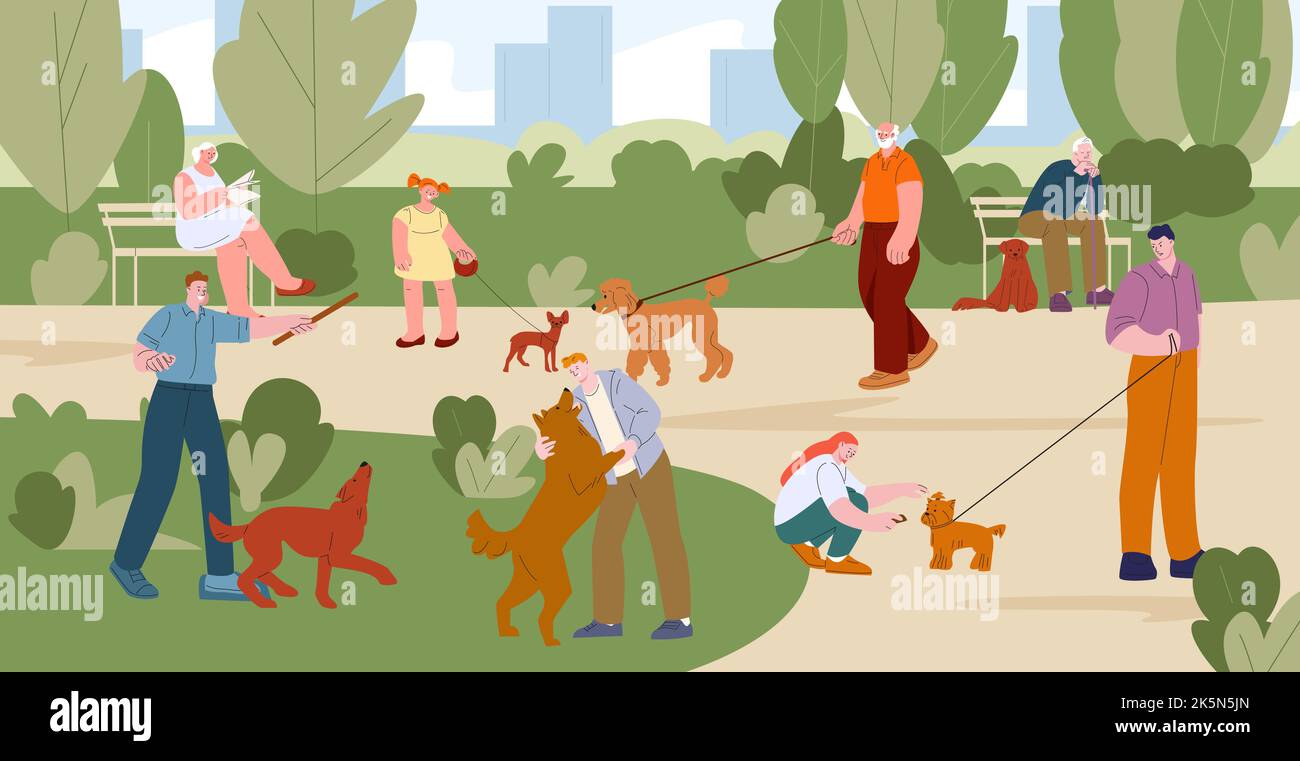 Owner walking dogs in green park. Happy men and women play and training ...