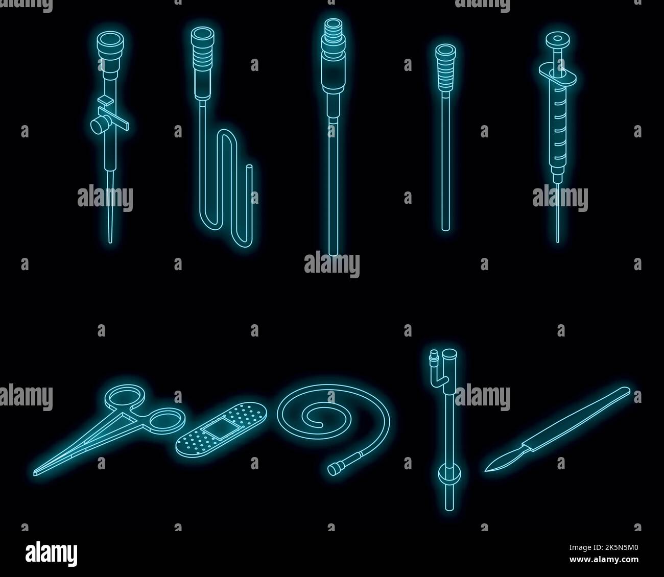Catheter icons set. Isometric set of catheter vector icons neon color ...