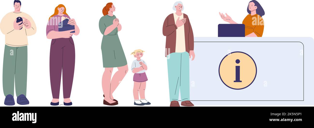 Waiting line to info point. People queue to reception or support ...