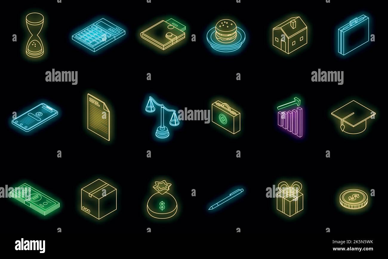Subsidy icons set. Isometric set of subsidy vector icons neon color on black Stock Vector Image ...