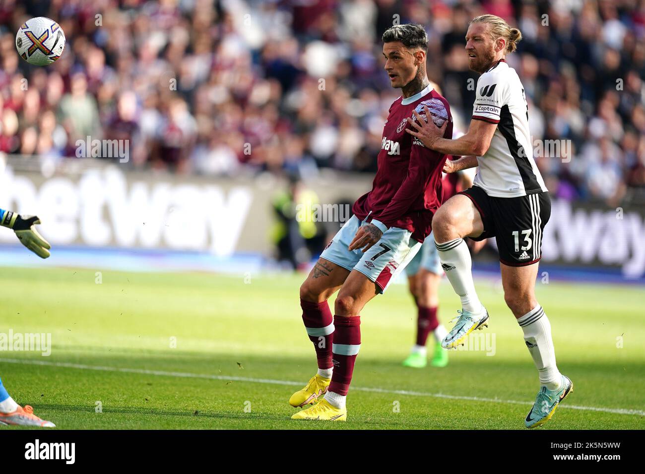 West Ham United's Gianluca Scamacca controls the ball before scoring ...