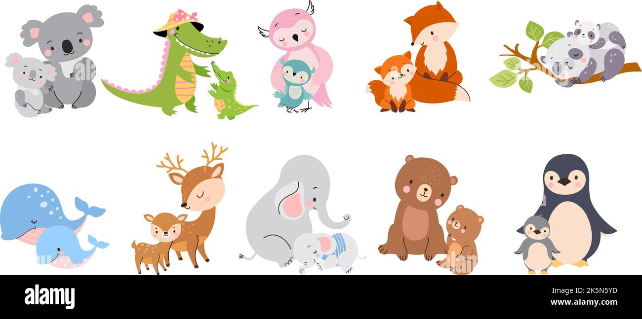 Cute mother and baby animals together. Mommy elephants, koala and bear ...