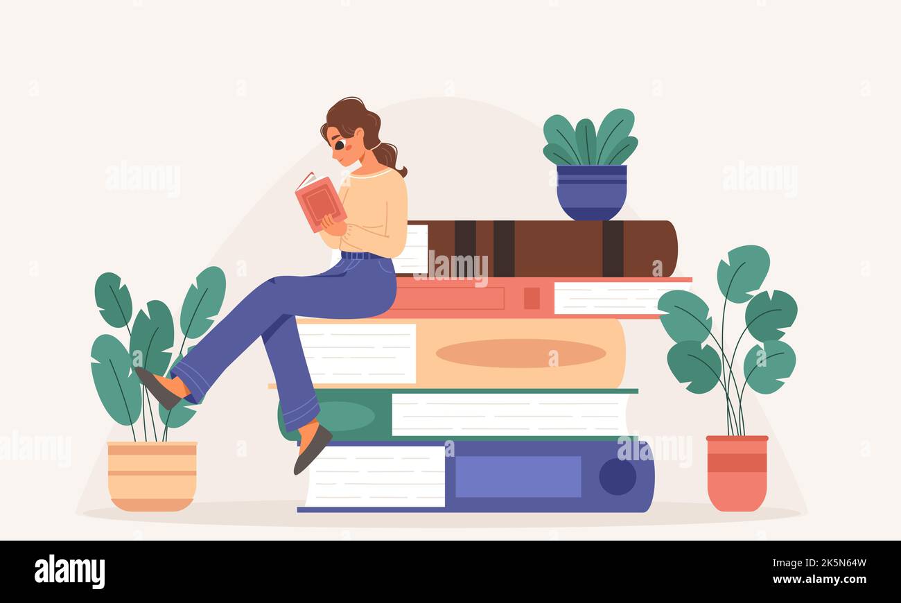 Reading book concept. Library books pile and teen girl read ...