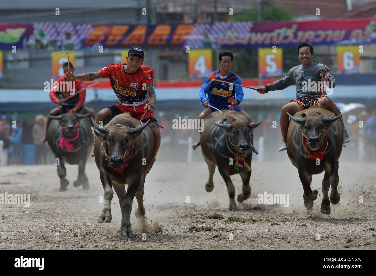 Chonburi, Thailand. 9th Oct, 2022. Buffalo racers compete during the ...