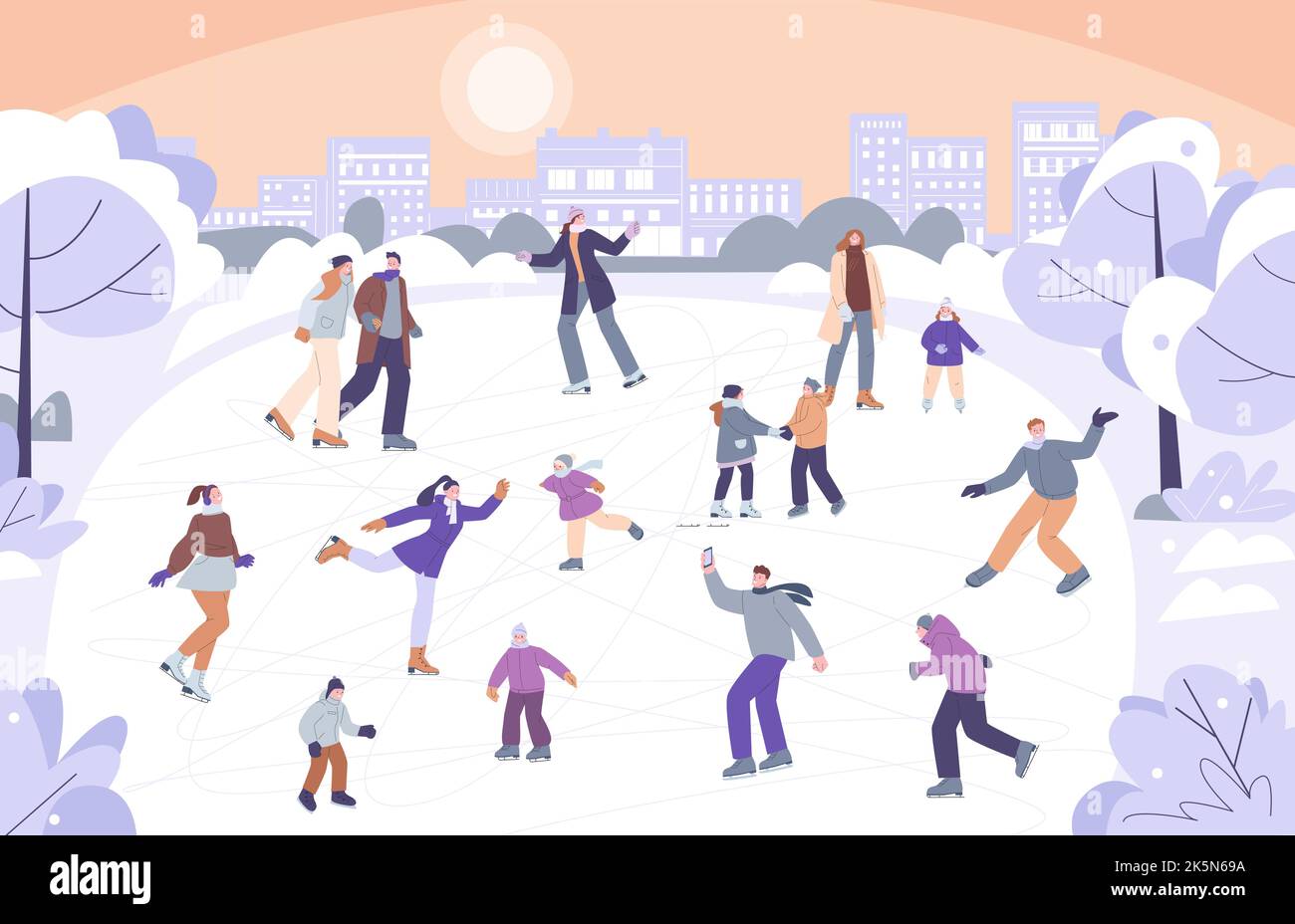 People dancing on ice rink in snow city park. Family on skates, winter ...