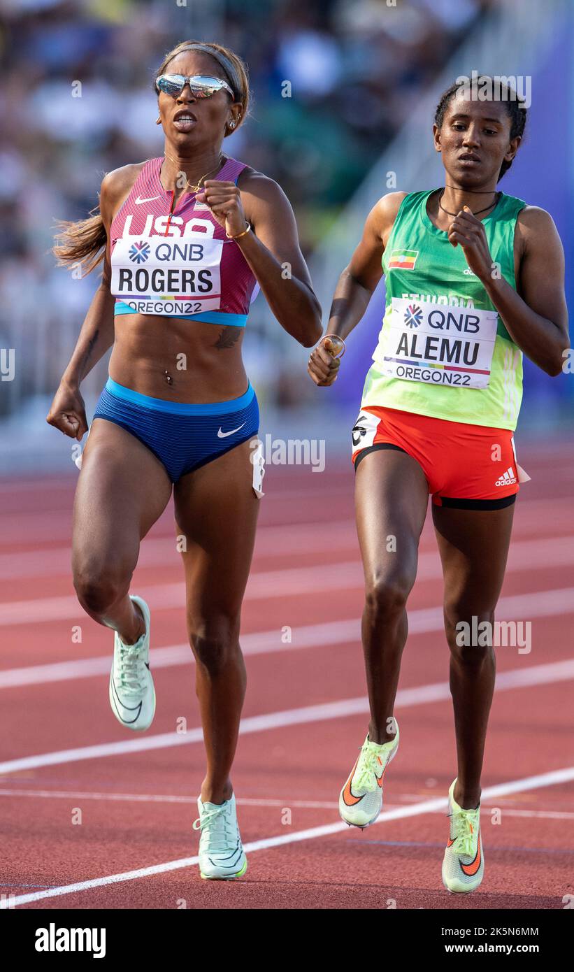 Raevyn Rogers of the USA and Habitam Alemu of Ethiopia competing in the women’s 800m heats at ...
