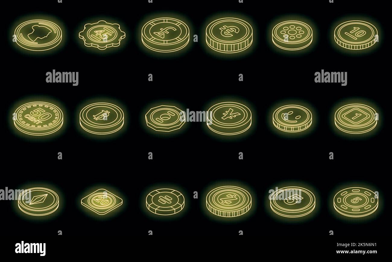 Tokens icons set. Isometric set of tokens vector icons neon color on ...