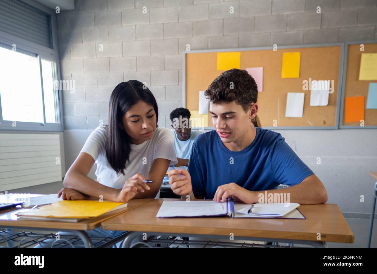 Two teenage students working as a team in a class at high school ...