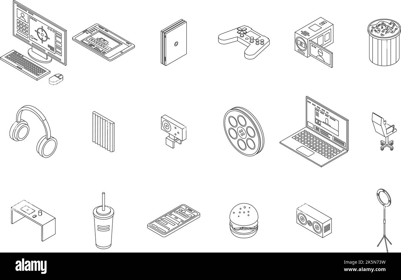Stream icons set. Isometric set of stream vector icons outline thin lne ...
