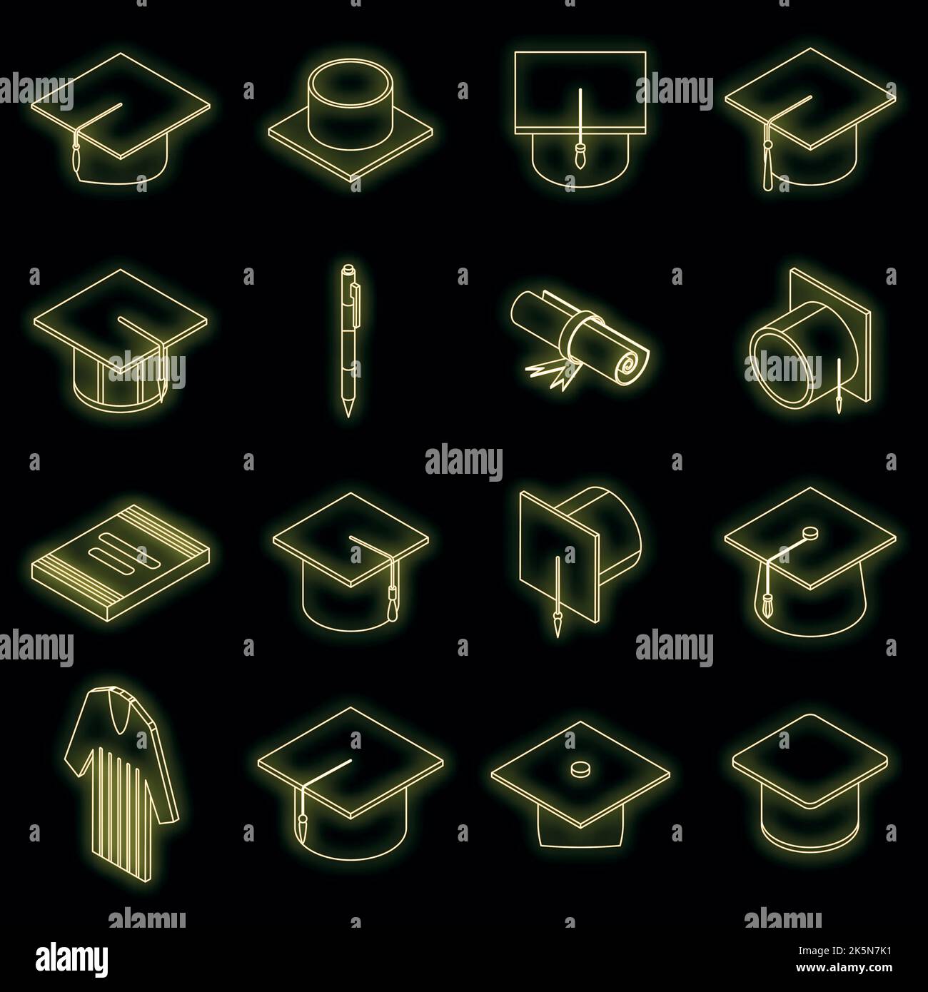 Graduation hat icons set. Isometric set of graduation hat vector icons neon color on black Stock ...