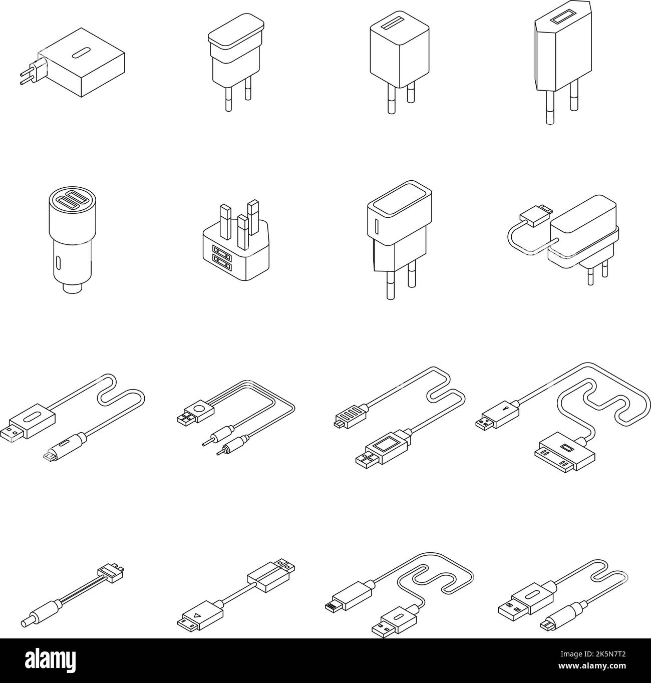 Charger icons set. Isometric set of charger vector icons outline thin ...