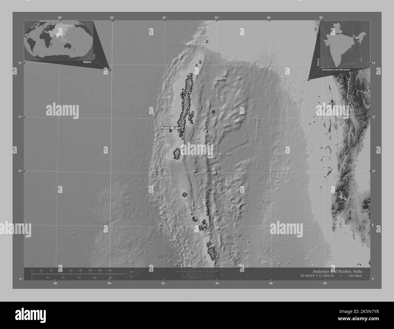 Andaman and Nicobar, union territory of India. Grayscale elevation map ...