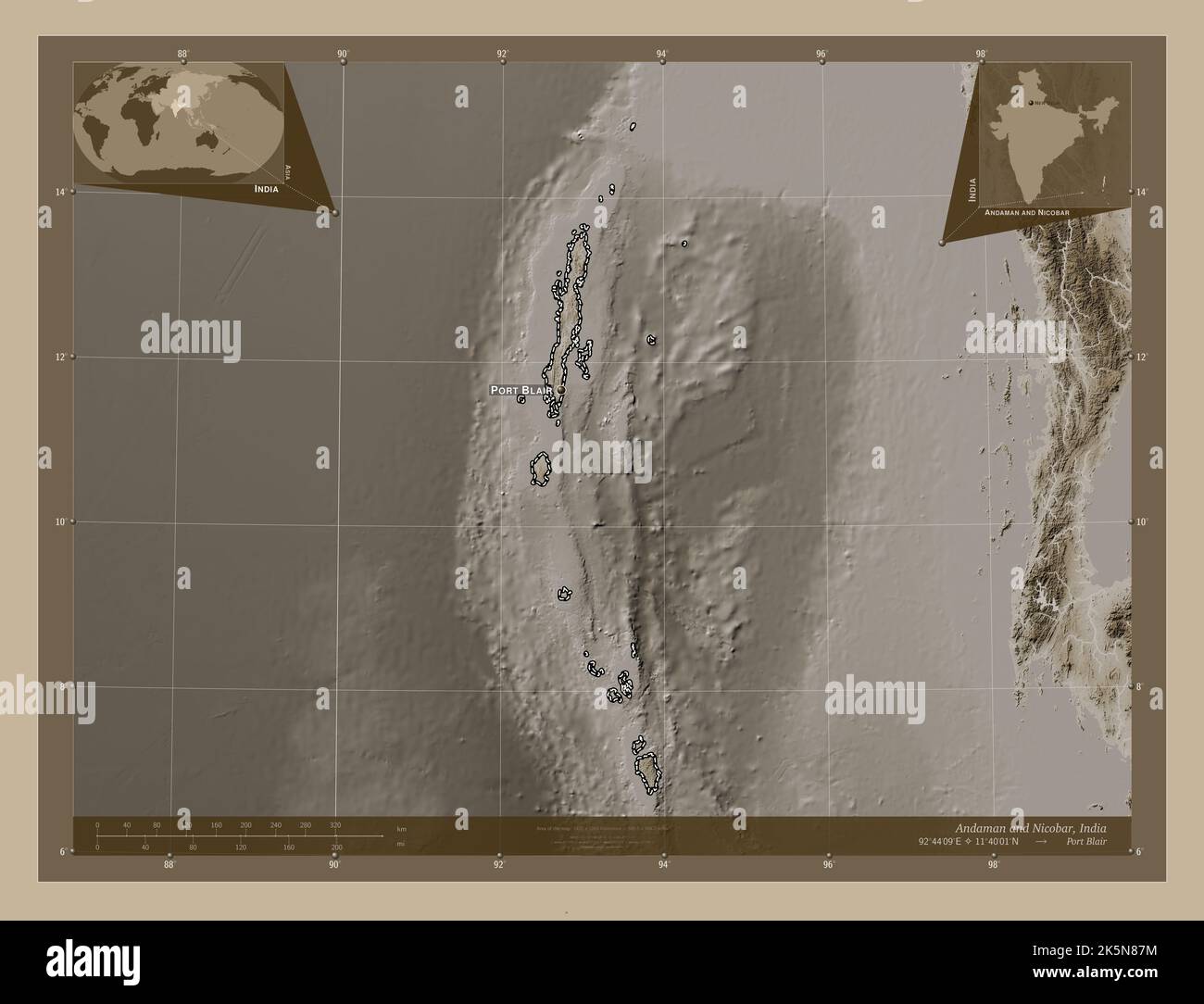 Andaman and Nicobar, union territory of India. Elevation map colored in ...