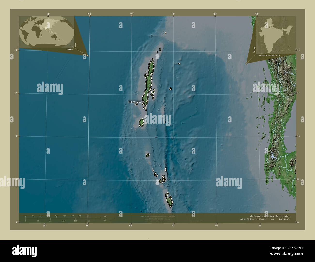 Andaman and Nicobar, union territory of India. Elevation map colored in ...