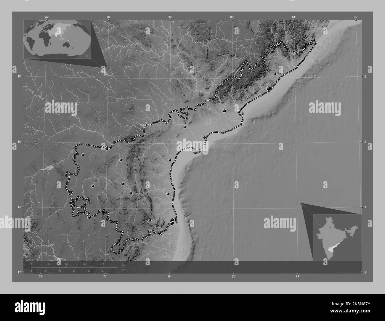 Andhra Pradesh, state of India. Grayscale elevation map with lakes and ...