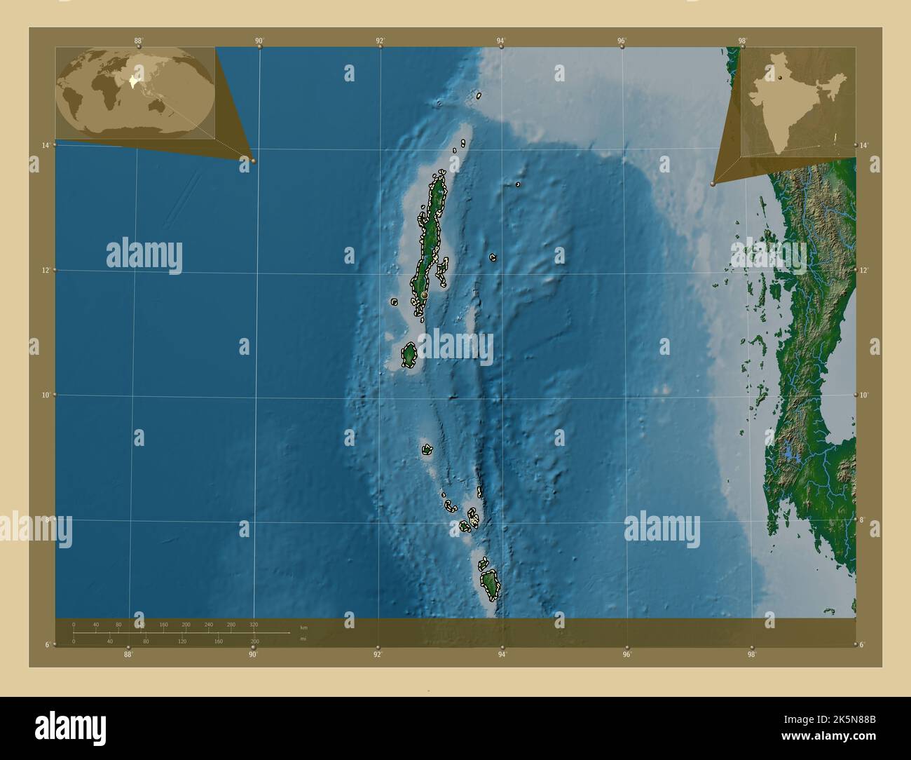 Andaman and Nicobar, union territory of India. Colored elevation map ...