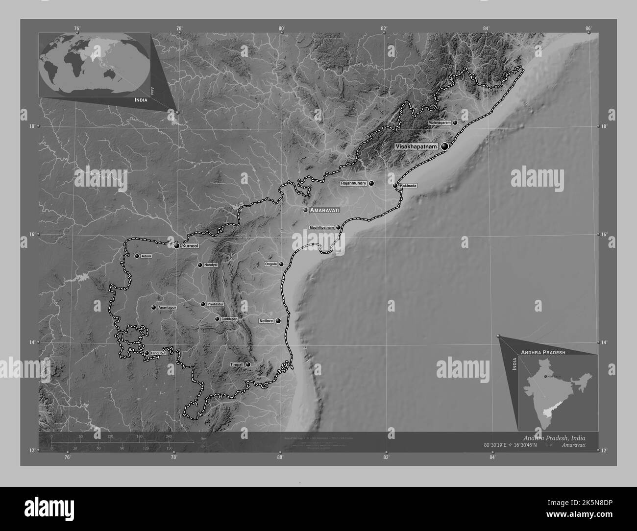 Andhra Pradesh, state of India. Grayscale elevation map with lakes and ...