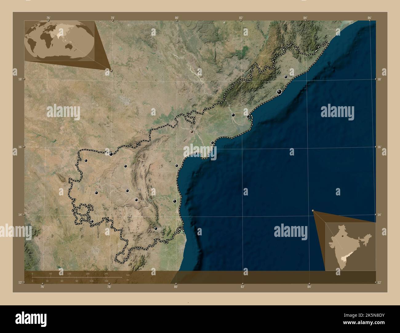Andhra Pradesh, state of India. Low resolution satellite map. Locations ...