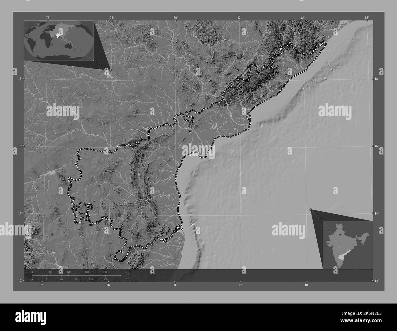 Andhra Pradesh, state of India. Bilevel elevation map with lakes and ...