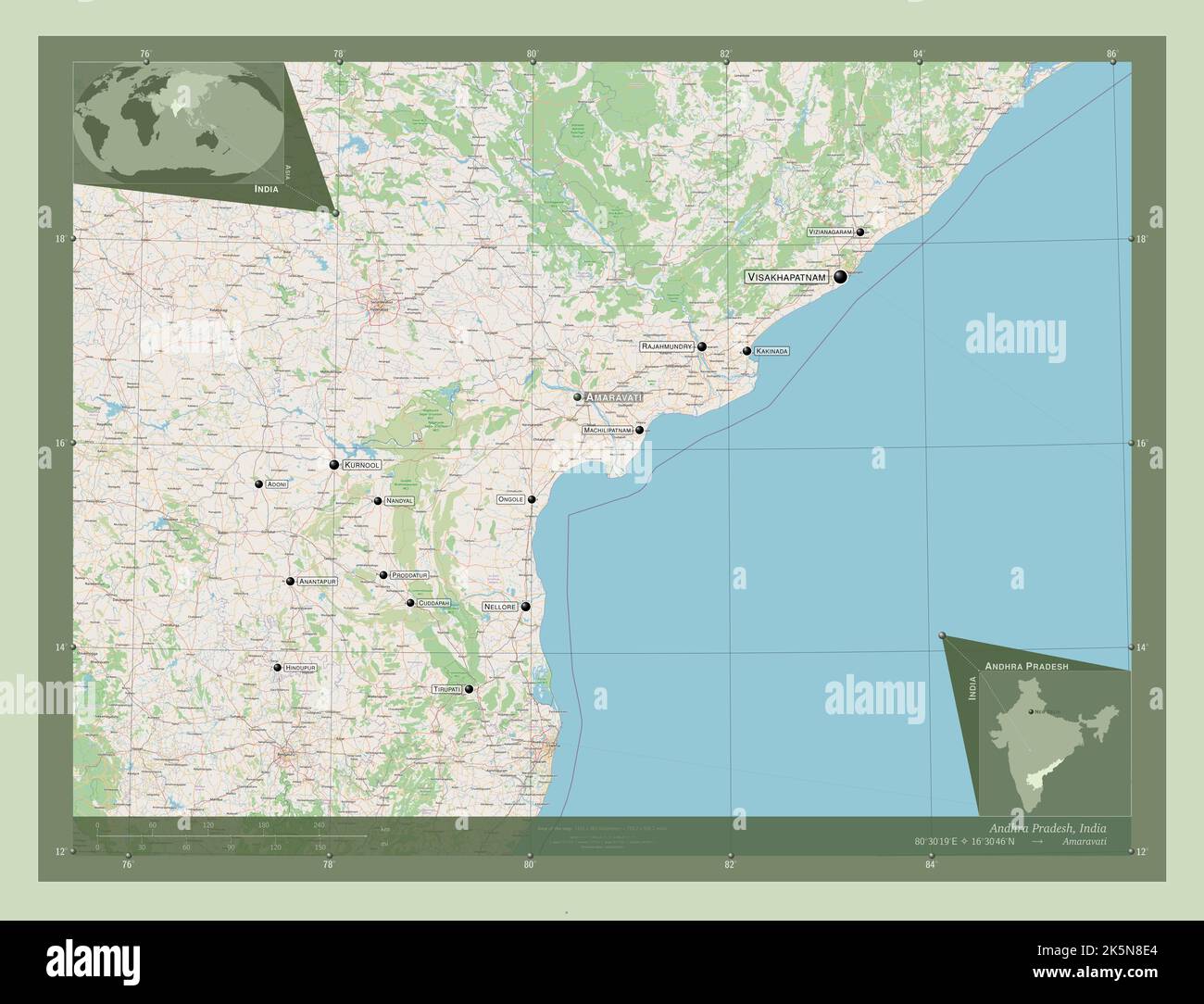 Andhra Pradesh, state of India. Open Street Map. Locations and names of ...