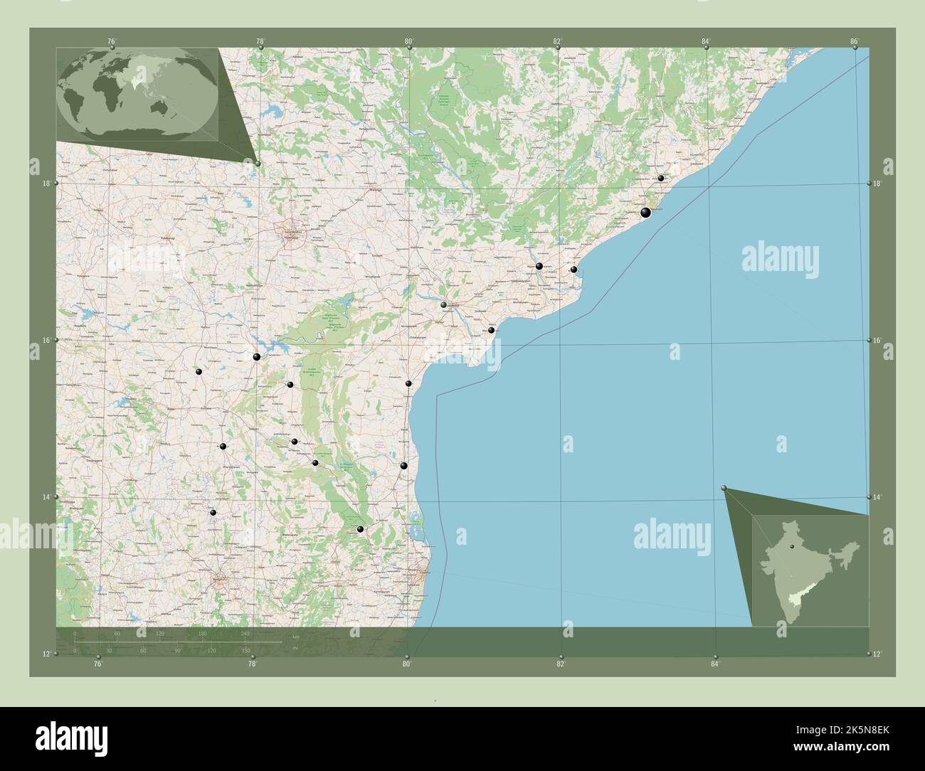 Andhra Pradesh, state of India. Open Street Map. Locations of major ...