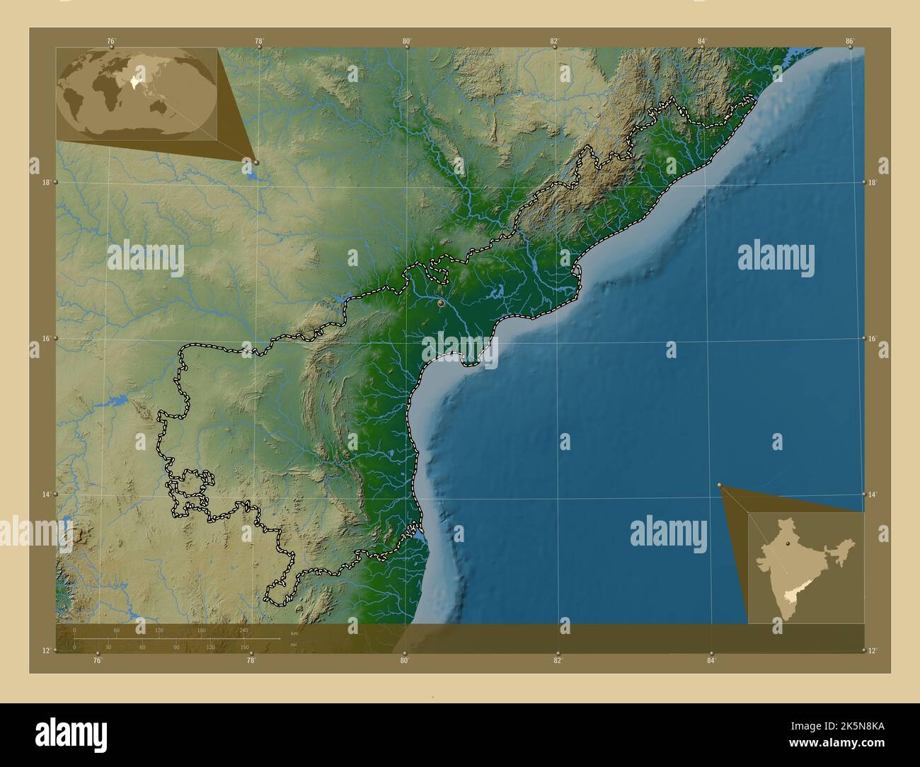 Andhra Pradesh, state of India. Colored elevation map with lakes and ...