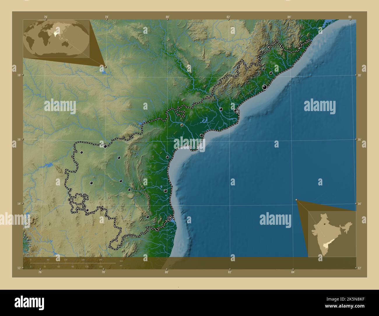 Andhra Pradesh, state of India. Colored elevation map with lakes and ...