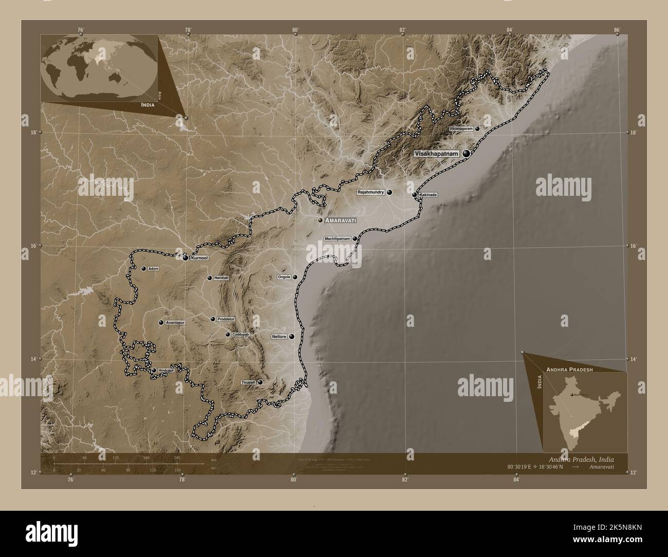 Andhra Pradesh, state of India. Elevation map colored in sepia tones ...
