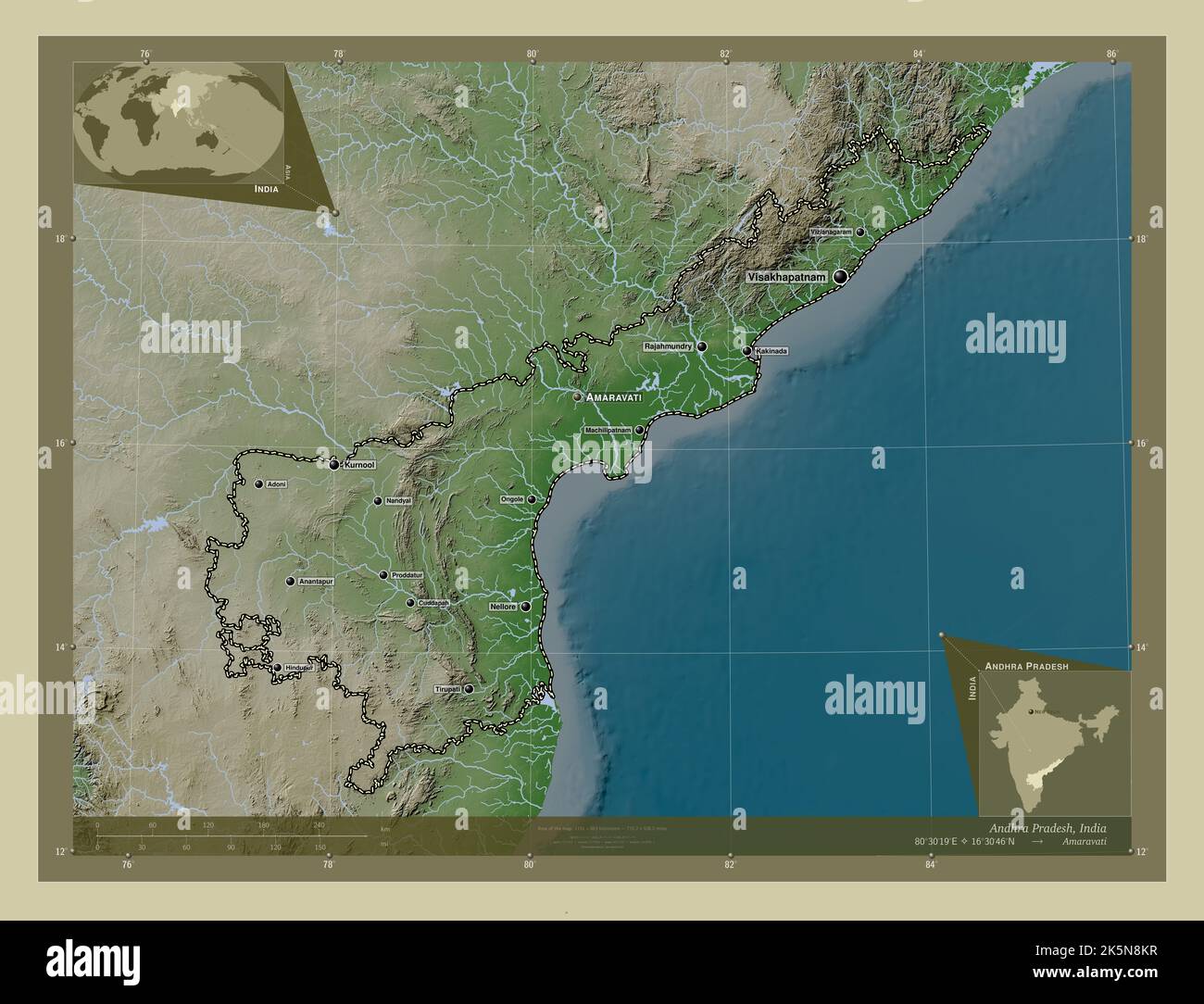 Andhra Pradesh, state of India. Elevation map colored in wiki style ...